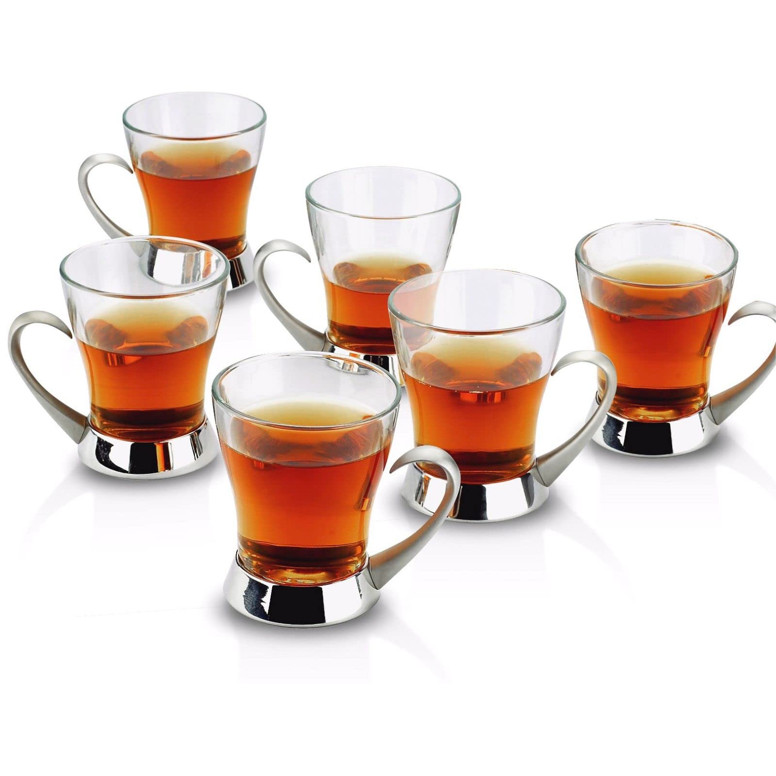 Rigeli Stainless Steel Set of 6 Tea Cups Glass Tea Cups With Stainless Steel Handle, 6.7 (oz), 200 (ml) Clear Coffee Mugs, Tea Glasses tea and coffee