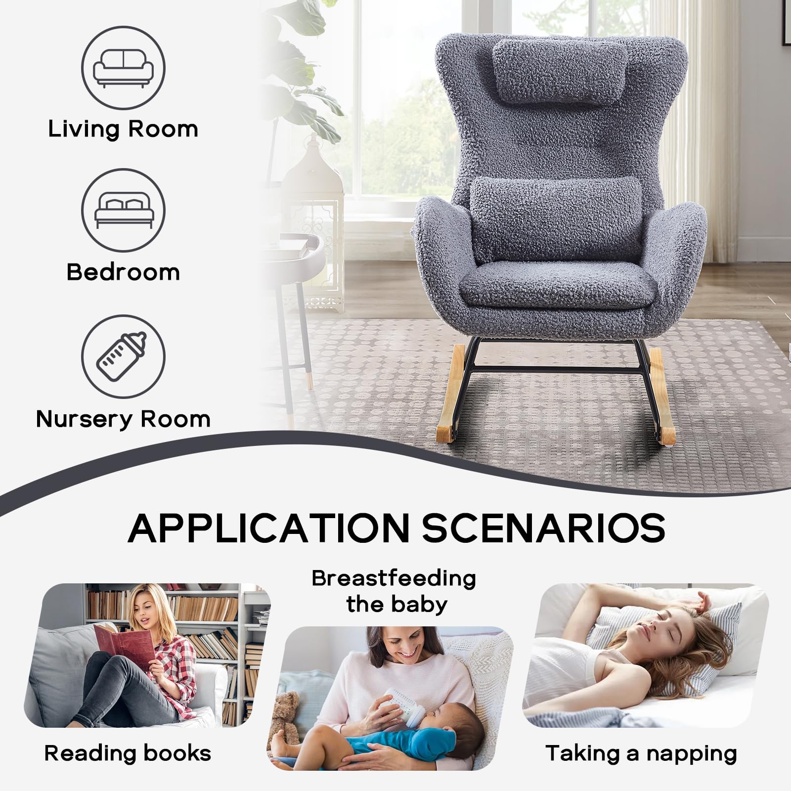 NIOIIKIT Nursery Rocking Chair, Teddy Upholstered Glider Rocker with Headrest and Lumbar Pillow, High Backrest Rocking Accent Chair with Side Pocket, Comfy Armchair for Living Room (Grey)