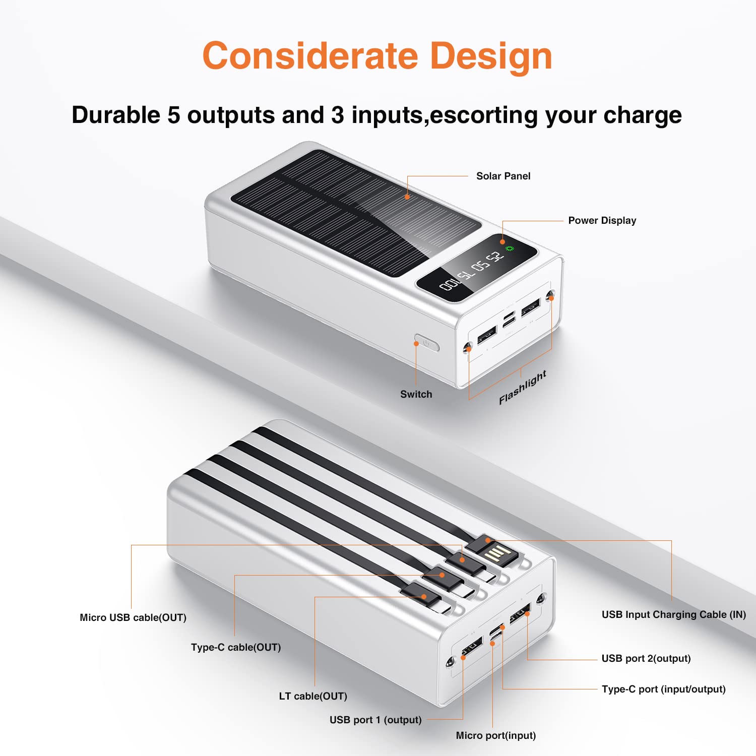 ZSS Solar Power Bank 50000mAh,Solar Portable Charger Fast Charging Built in Cable,USB C Input/Output with Smart LED Display,Dual Flashlight External Battery Power Bank for iPhone,Tablet, Samsung