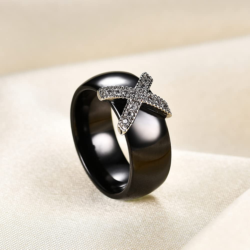 MYNENEY 6mm White/Black Ceramic Rings Plus Cubic Zirconia For Women Comfort Fit Engagement Wedding Band Size 5-12