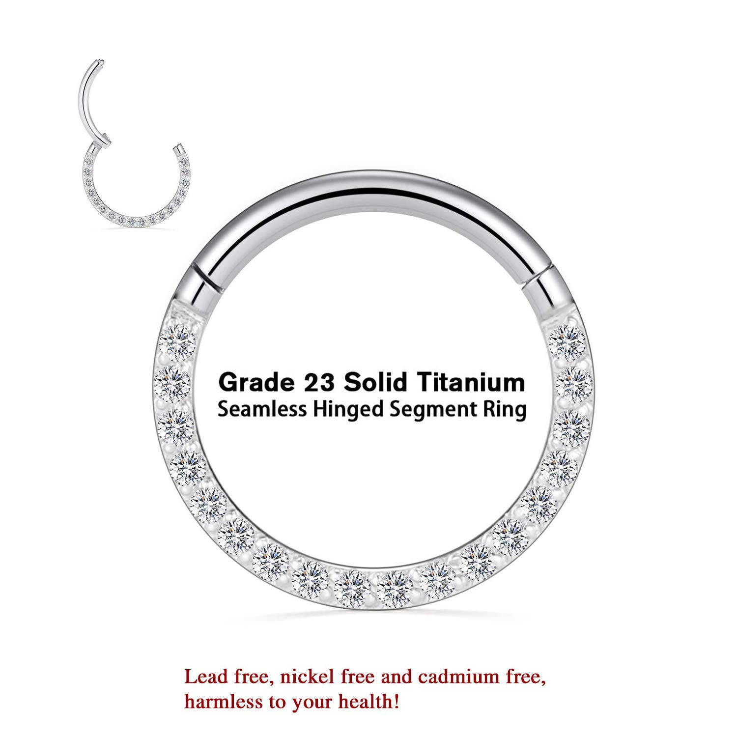 PEAKLINK 16G Septum Jewelry CZ Septum Ring G23 Titanium Seamless Segment Hinged Clicker Ring Conch Ring Helix Piercing Cartilage Tragus Earrings 6mm Nose Hoop Ring Silver Daith Piercing Jewelry