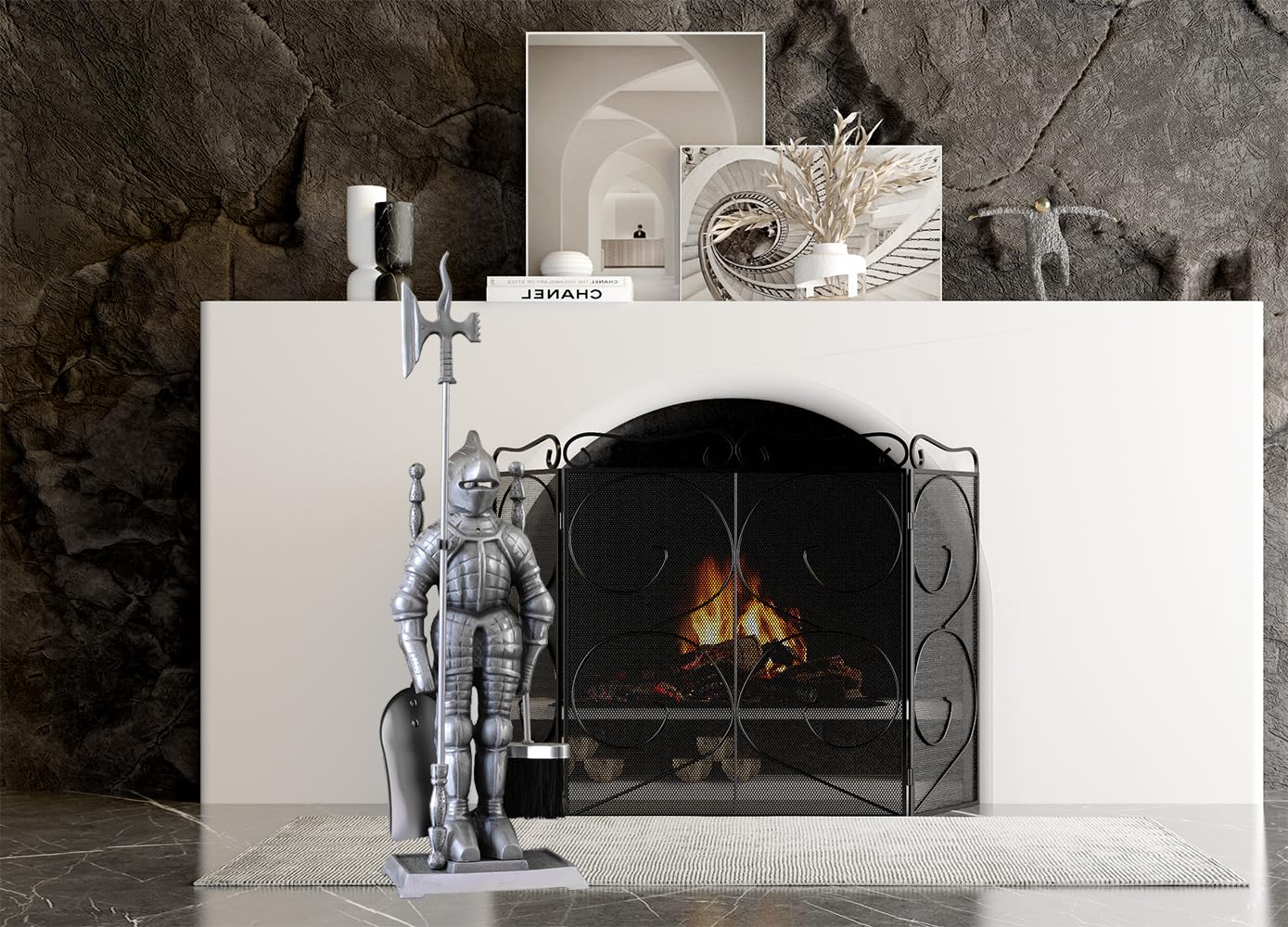 Lizh Metalwork Dark Knight Fireplace Tool Set,Black Cast Iron