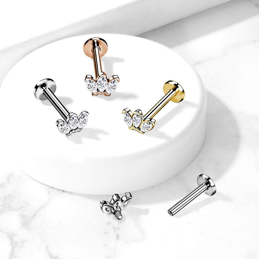Pierced Owl 16G Stainless Steel Internally Threaded Triple Marquise CZ Crystal Top Flat Back Lip Cartilage Tragus Stud (Gold Tone, 8mm Barbell)