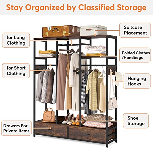 LITTLE TREE Clothes Rack with 2 Drawer and Shelves, Heavy Duty Wardrobe Closet Rack with 6 Hanging Hooks, Freestanding Closet System
