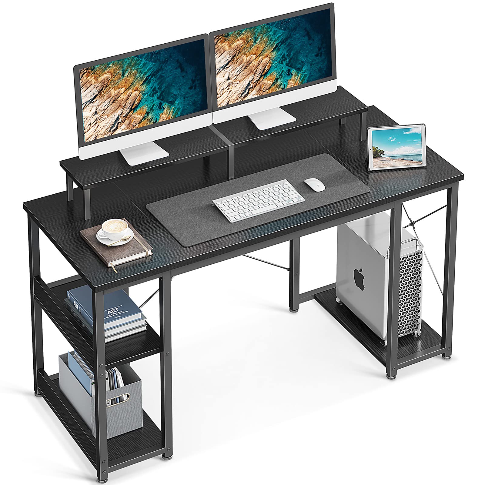 ODK 48 inch Computer Desk with Monitor Shelf and Storage Shelves, Writing Desk, Study Table with CPU Stand & Reversible Shelves, Deep Black