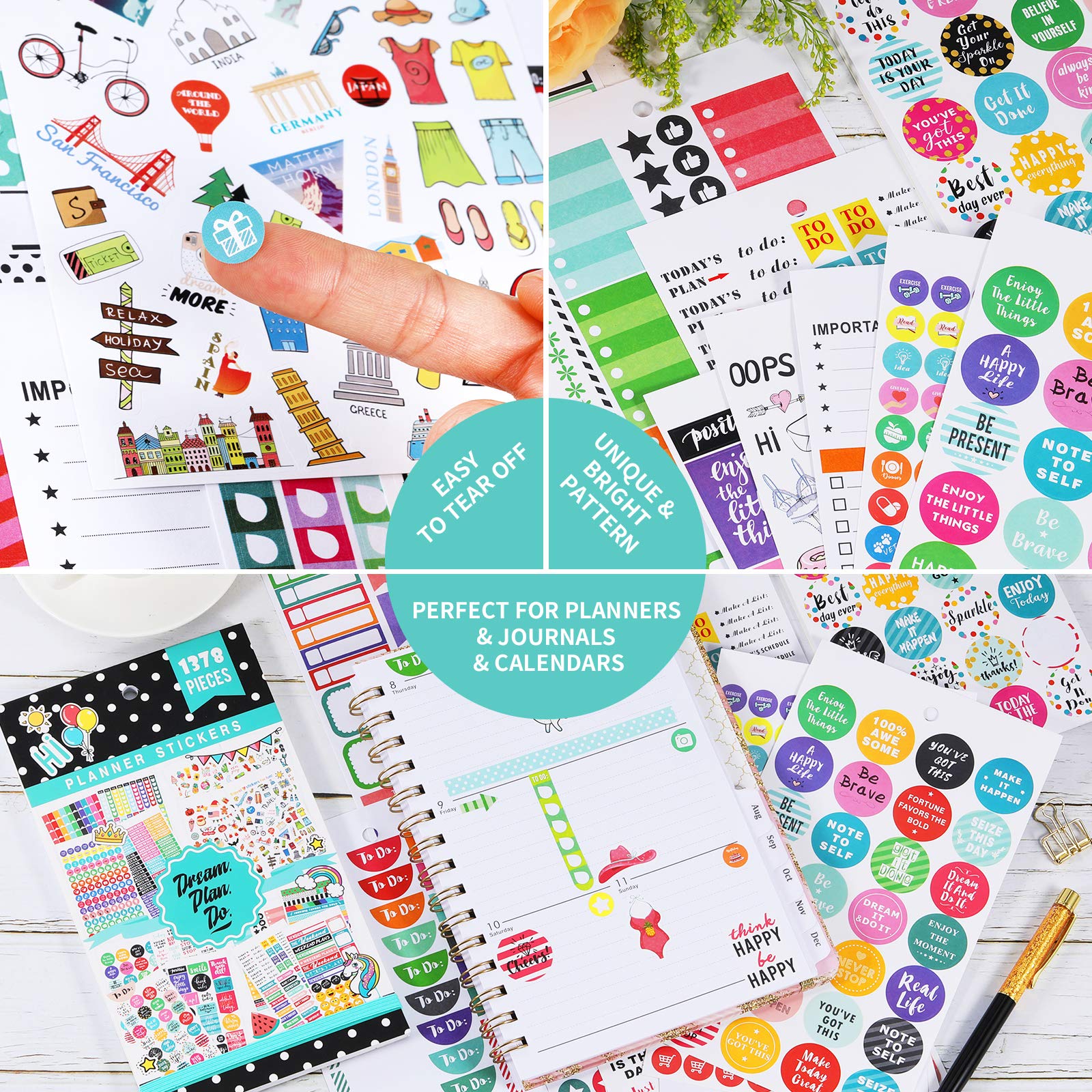 Planner Stickers - 28 Sheets, 1378 Stunning Design Accessories for Journals and Calendars, Essential Planner Accessories by Tullofa - Green