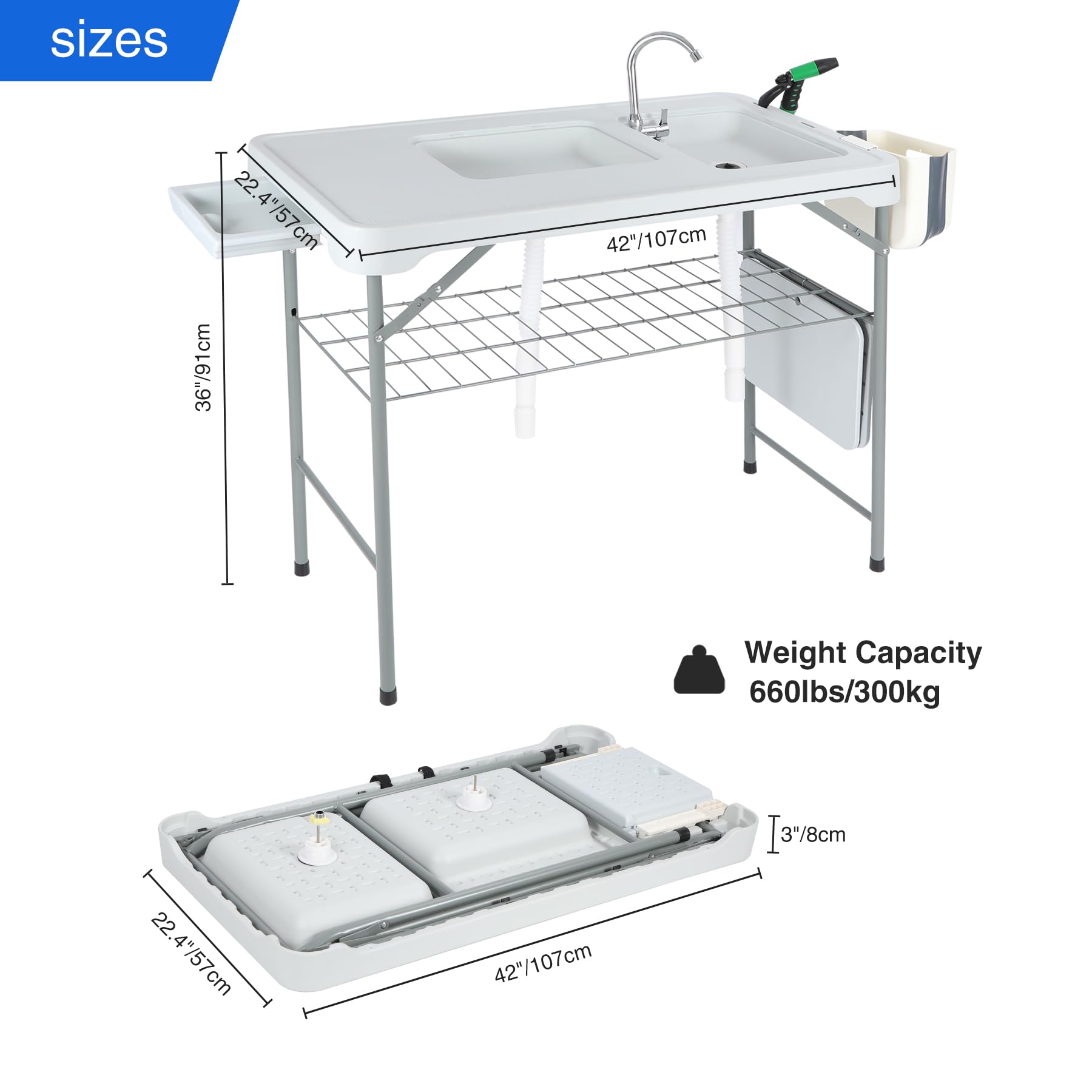 REDCAMP 39.4" Folding Fish Cleaning Table with Double Sink & Faucet, Portable Outdoor Fish Fillet Cleaning Station for Camping or Kitchen