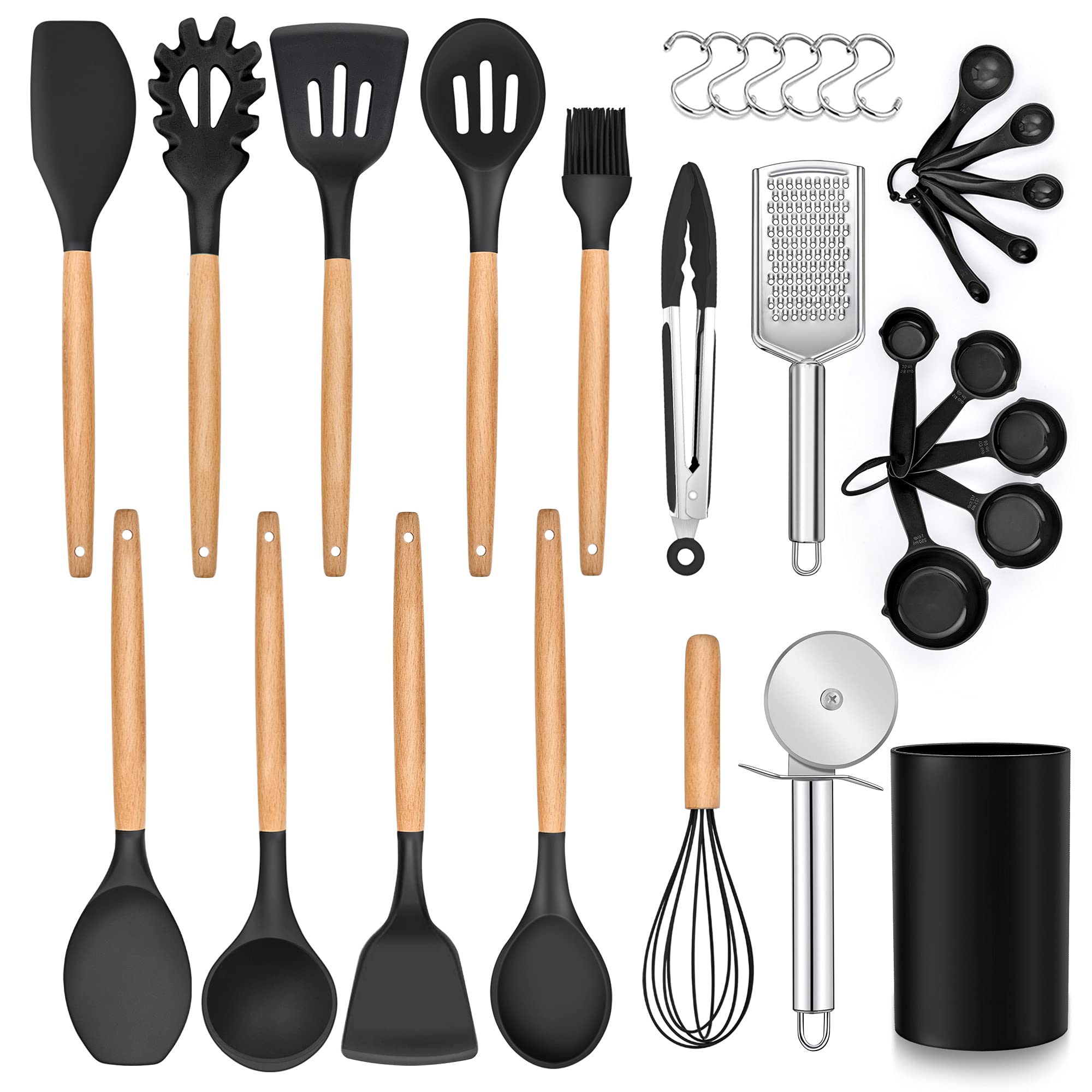 LIANYU 30-Piece Silicone Cooking Utensils Set with Holder, Heat Resistant Kitchen Cooking Utensils Set, Kitchen Cookware Tools Including Tuner Spatula Spoon Ladle, Colorful