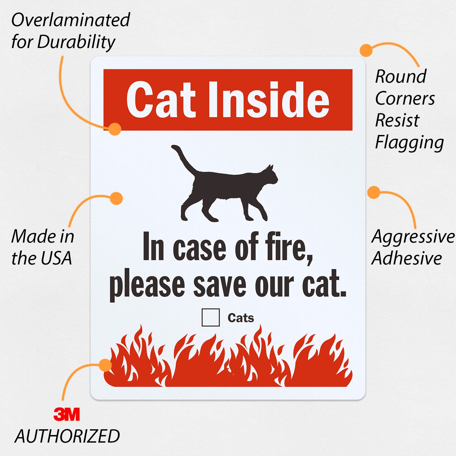 SmartSign (Pack of 5) 5 x 4 inch “Cat Inside - in Case of Fire Please Save Our Cat” Labels, 5.5 mil Laminated Vinyl, 3M Engineer Grade Reflective Material, Red/Black on White, Made in USA