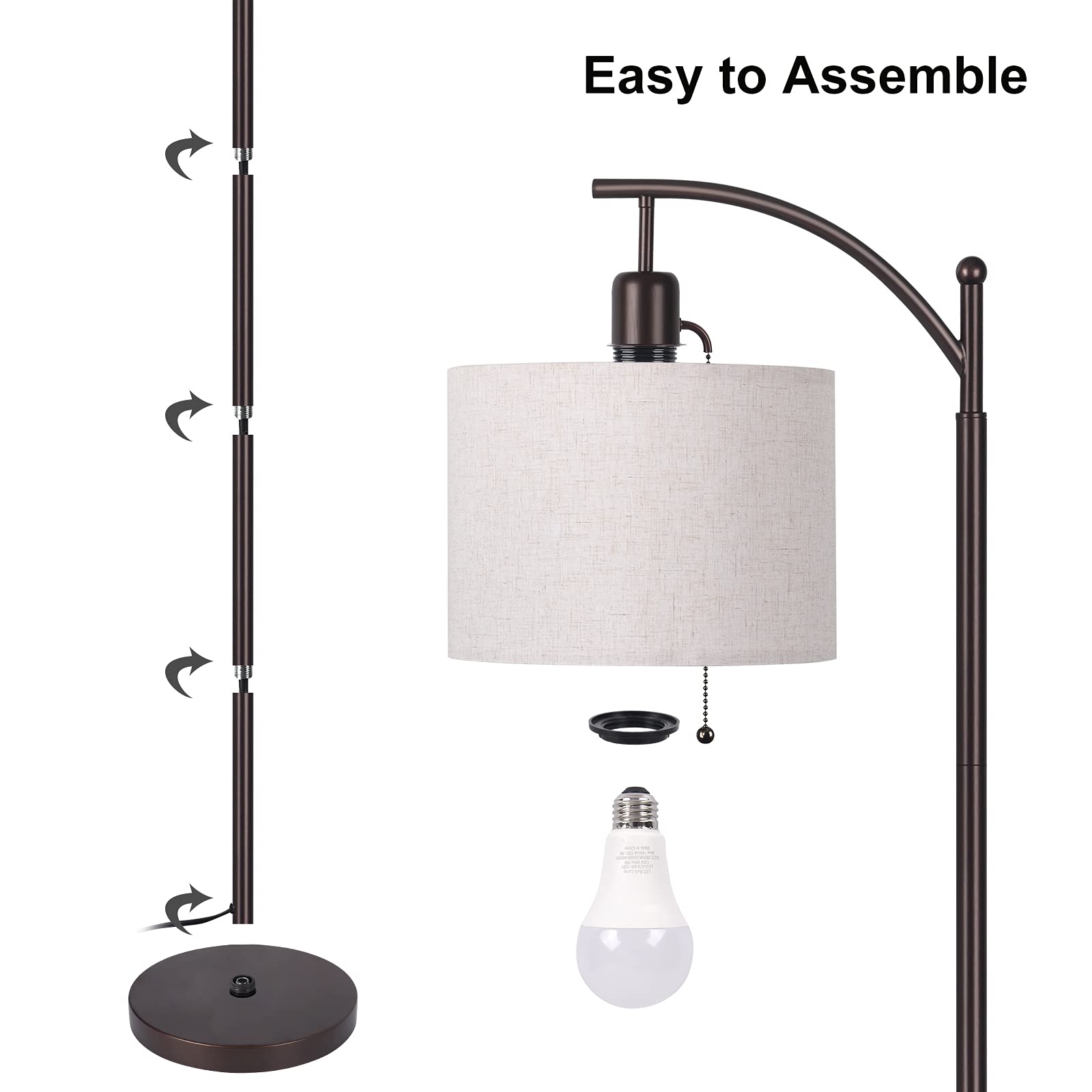 MOFFE Modern Arc Floor Lamp for Living Room, Bedroom, Office; Bright Lighting to Soft White Light - Includes 3-Mode Energy Saving LED Bulb 3000K - 6000K; Designer Shade and Pull Chain Switch, Brown