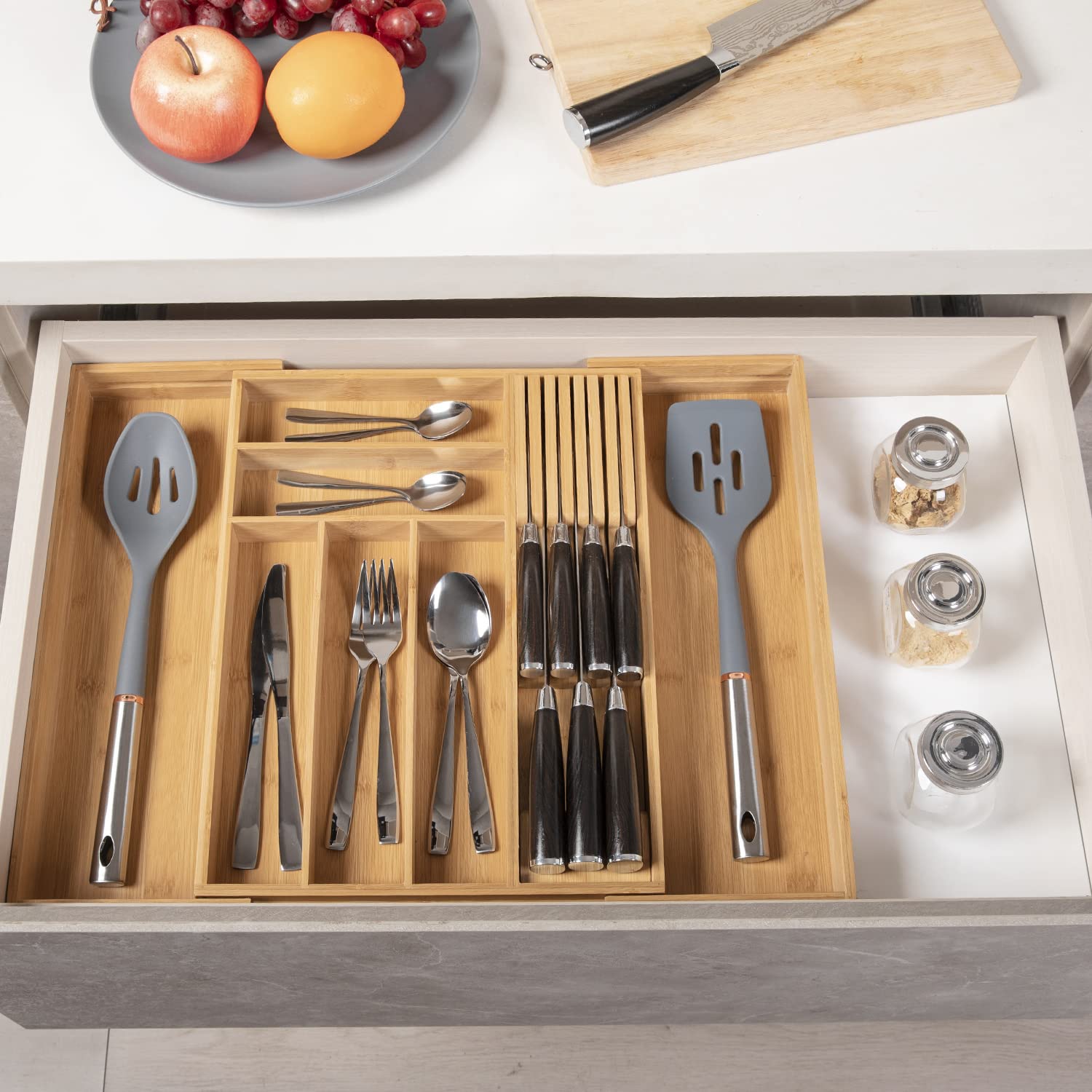 TIOPGHAD Bamboo-Silverware-Drawer-Organizer-Kitchen, Expandable Utensil Holder Cutlery Tray Flatware Organization Adjustable Wood Tableware Dividers Storage (with Removable Knife Block)