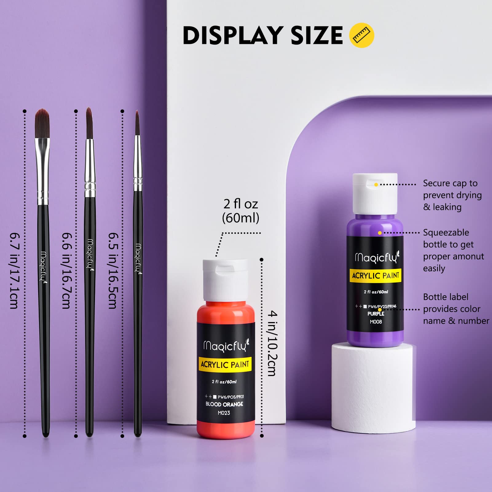 Magicfly 30 Colors Acrylic Paint Set (2fl oz/60ml Each), Non-Toxic Craft Paints with 3 Brushes, for Multi-Surface Paint on Canvas, Halloween Pumpkin, Paper, Wood, Stone, Ceramic and Model