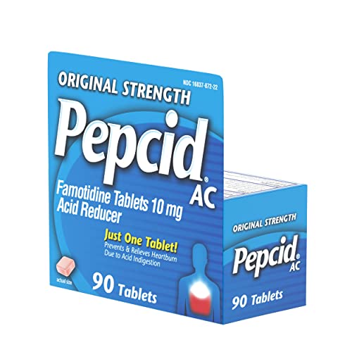Pepcid AC Original Strength Heartburn Relief Tablets, Prevents & Relieves Heartburn Due to Acid Indigestion & Sour Stomach, 10 mg Famotidine to Reduce & Control Acid, Fast-Acting, 90 Ct