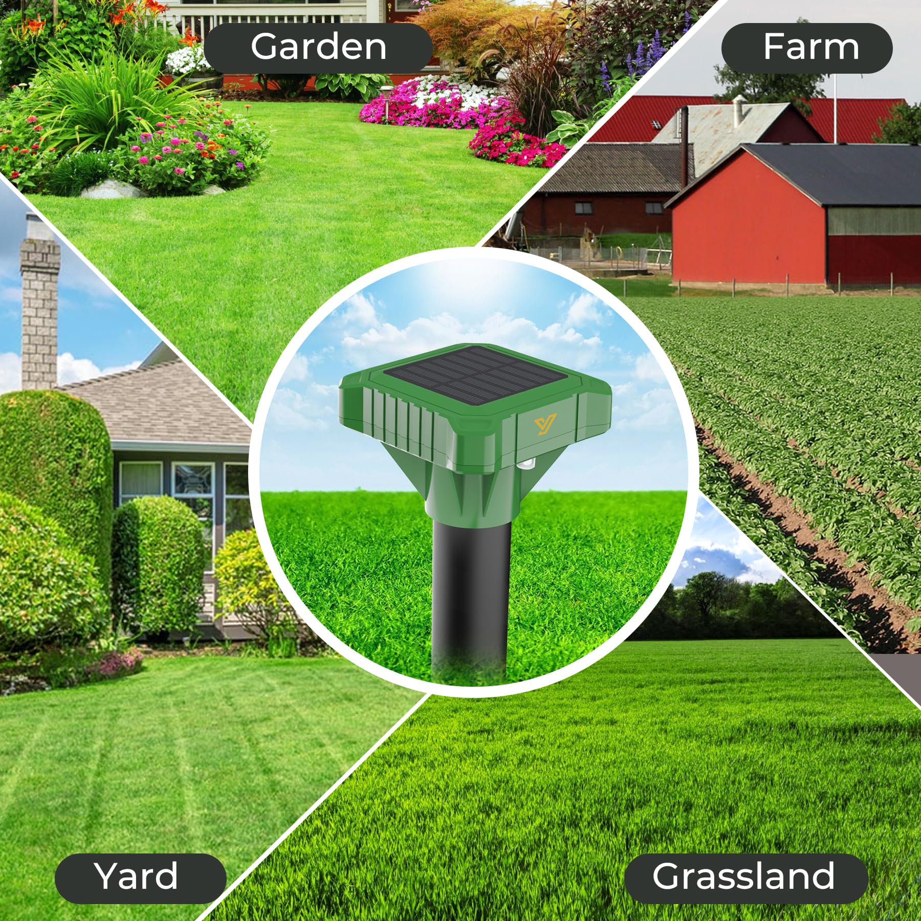 ULTRABOT Mole Repellent Solar-Powered Groundhog Repeller Snake Deterrent Vibration Stakes for Outdoor Use Repel Vole Gopher Armadillo in Yards and Lawns 8 Pack, Green, AR08S