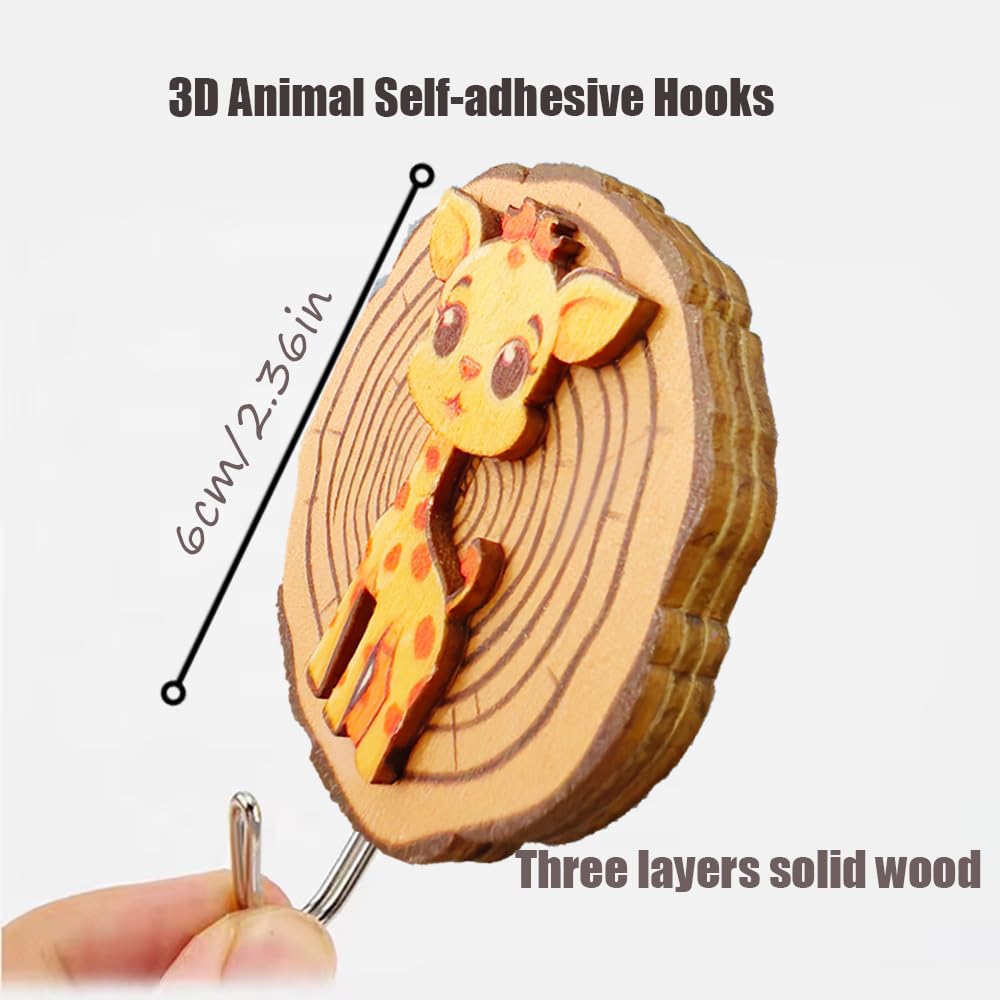 Vamotto Wooden Animal Wall Hooks, 6-Pack Self Adhesive Coat Hooks Hanging Wall Mounted Hooks for Coats, Towels, Hats,Backpack, Robe, Purse,Decorative Farmhouse