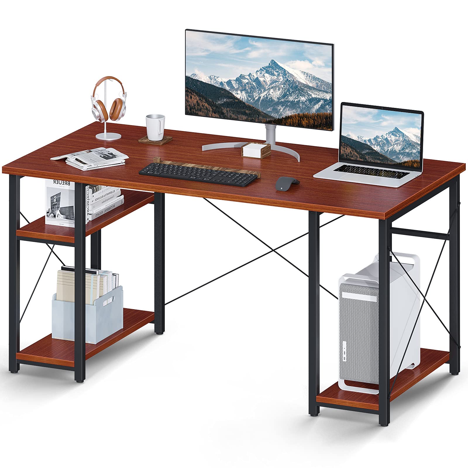 ODK Home Office Desk with Shelves, 60" Tower Computer Desk, Stable Writing Table with Double Shelf, Teak