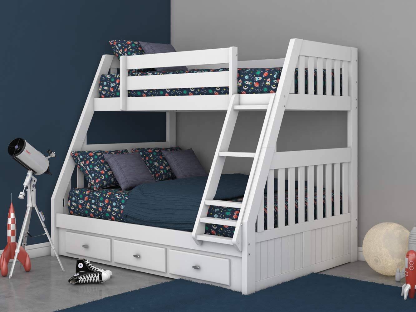 OS Home and Office Furniture Model 0218R-TFW, Solid Pine Twin Over Full Bed with Three Drawers in Casual White Bunk