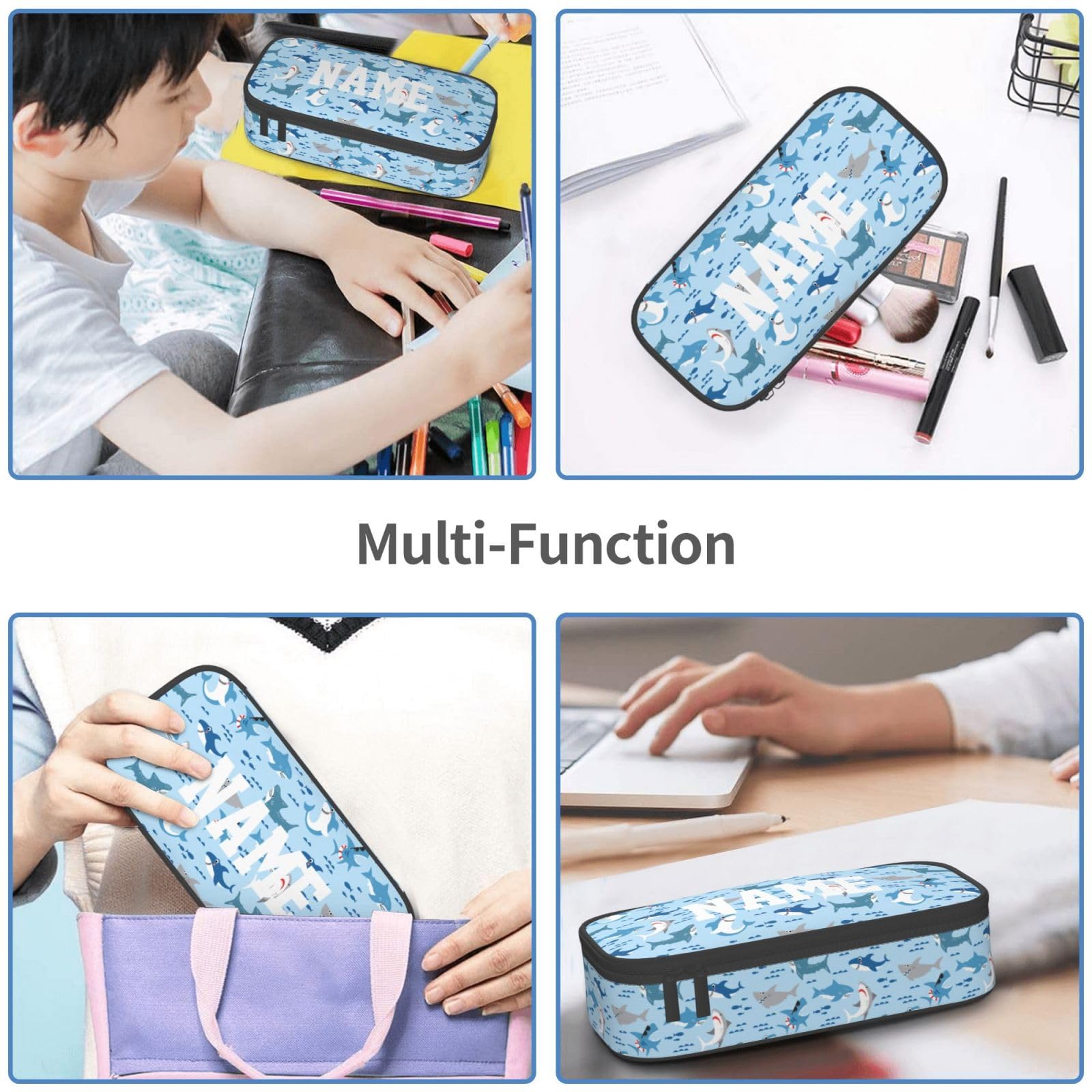 VANCIPO Blue Shark Custom Pencil Case Cute Personalized Pencil Case Cute Customize Large Pencil Pouch with Name Gifts for Men Women