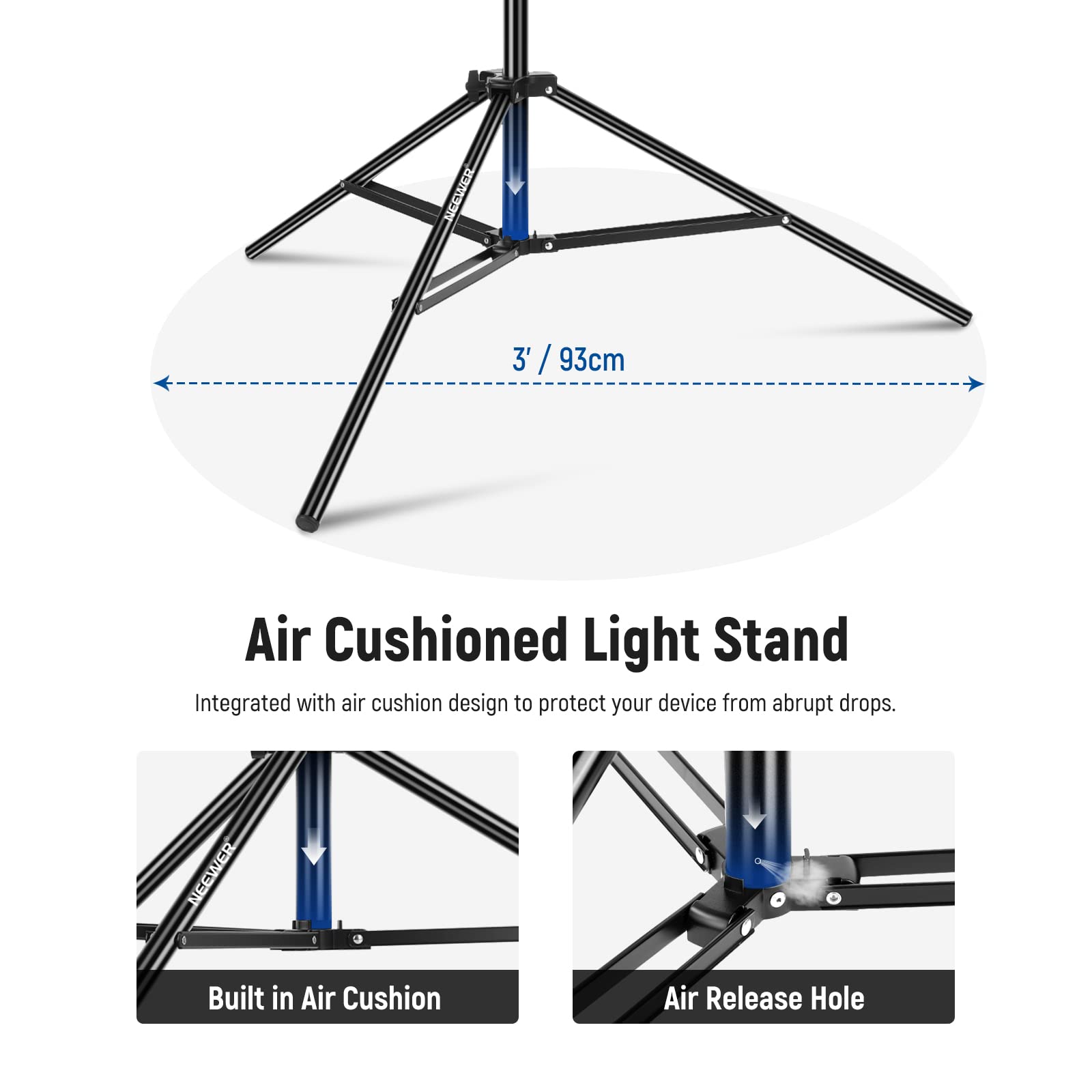 NEEWER Air Cushioned Aluminum Light Stand, 9.8ft/3m Adjustable Photography Stand with Boom Arm, Counterweight, Sandbag, 1/4" Screw for Softbox, Studio Flash, Umbrella, Ring Light, Max Load 5kg