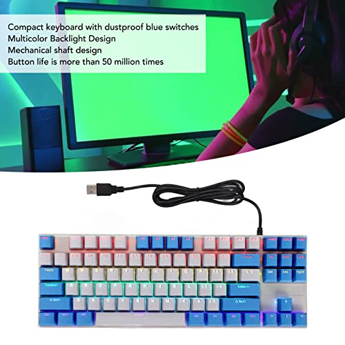 Zunate Mechanical Gaming Keyboard, Ergonomic 87 Key Multicolor Backlit Compact Waterproof Keyboard for Computer/PC/Laptop(Blue and White)
