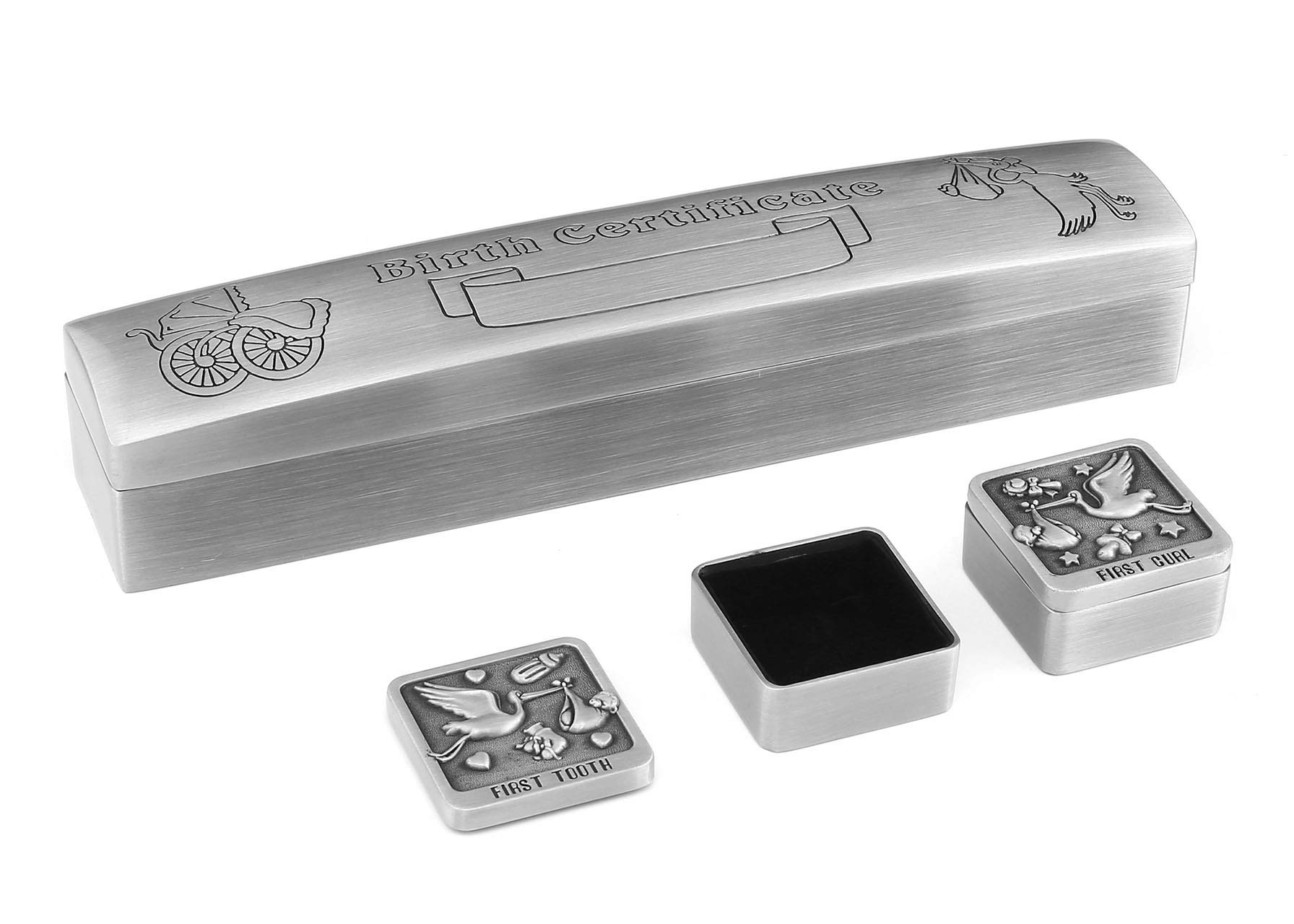 Mogoko Silver Birth Certificate Holder Set with First Tooth and Curl Keepsake Box for Children Kids