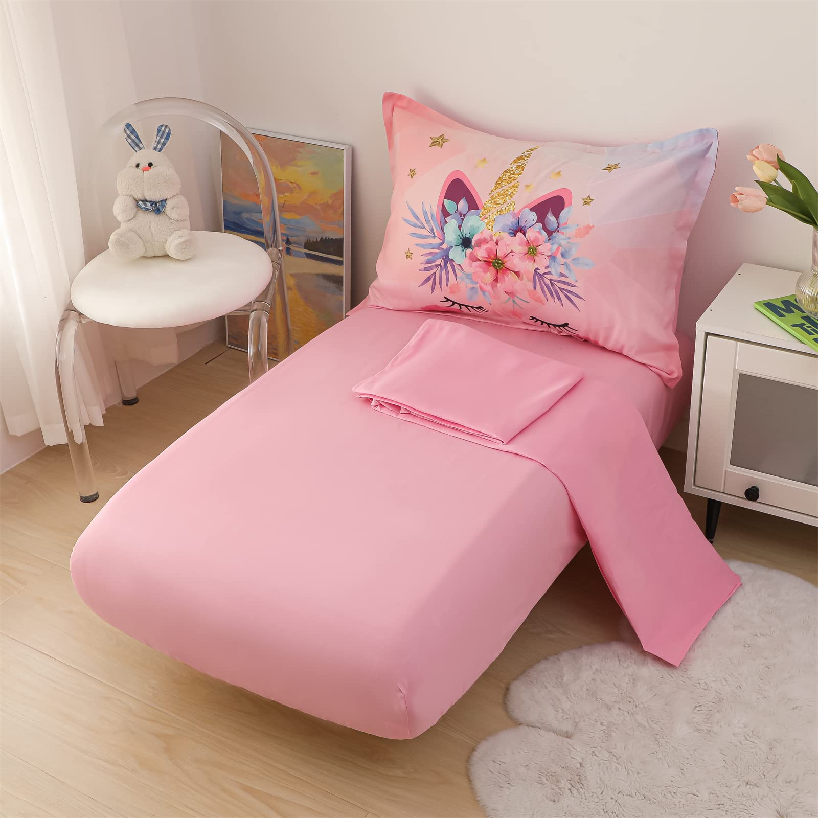 VINILITE Toddler Bedding Set Pink Unicorn 4 Piece Standard Size Children Comforter Set Ultra Soft Includes Quilted Comforter, Fitted Sheet, Flat Sheet, and Pillow Case for Kids Girls, 28" x 52"