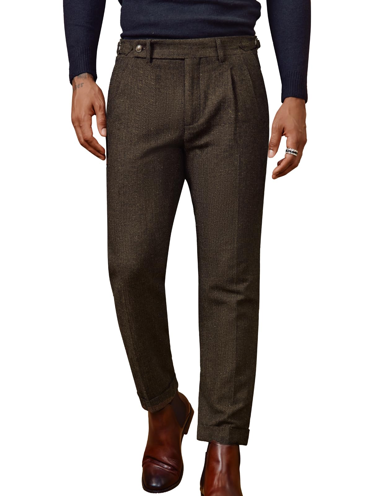 Mens Classic Italian Tweed Pants Double Pleated Adjustable Herringbone Trousers Brown