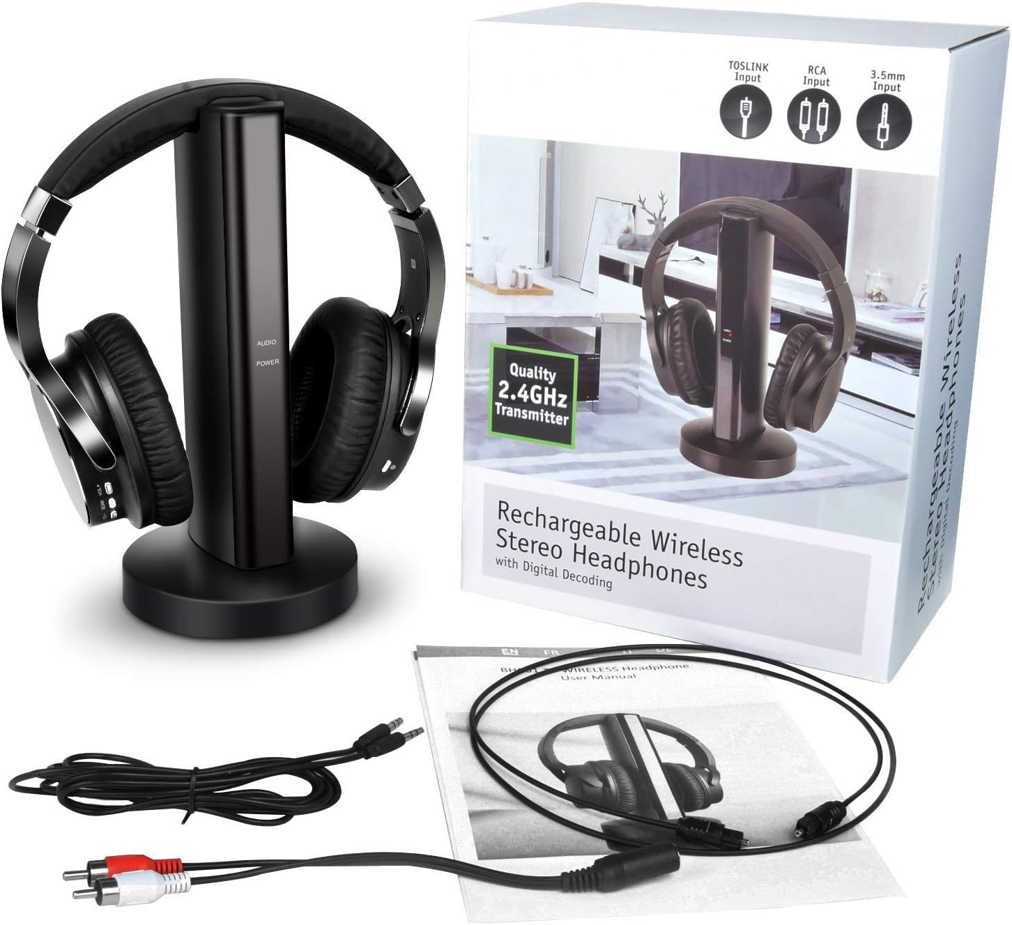 Mersoco Wireless TV Headphones with 2.4G Digital RF Transmitter, Hi-Fi Over-Ear Cordless Headset with RCA / 3.5MM / Optical Port, for Watching Home TV Game Computer Television