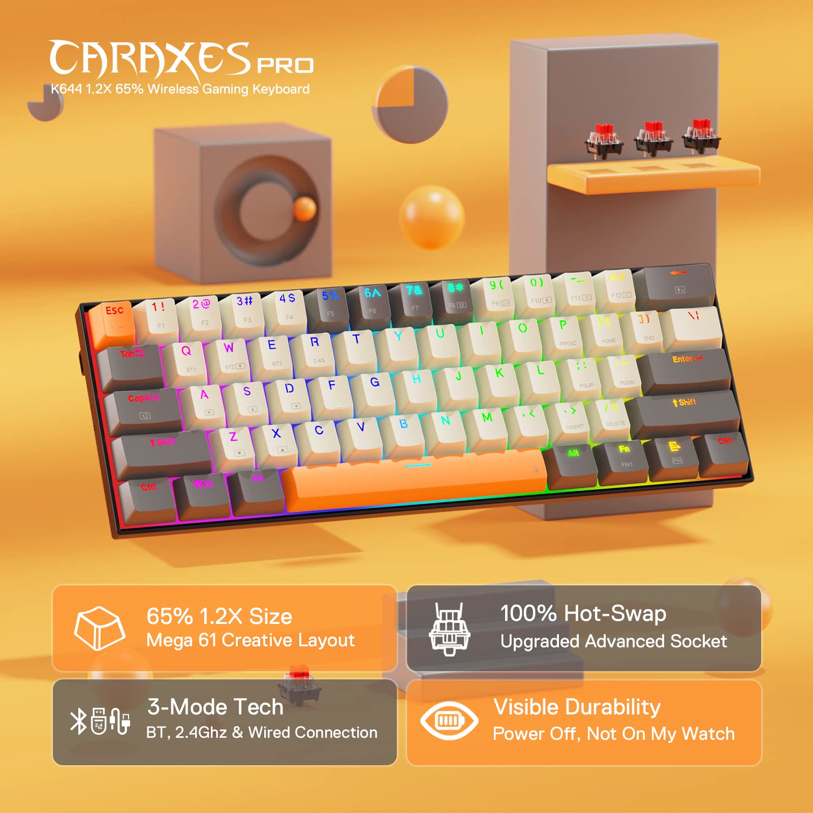Redragon K644 SE 65% 3-Mode Wireless RGB Gaming Keyboard, 61 Keys Hot-Swappable Compact Mechanical Keyboard w/Upgrade Hot-Swap PCB Socket & Creative 1.2X Larger Size, Quiet Red Linear Switch
