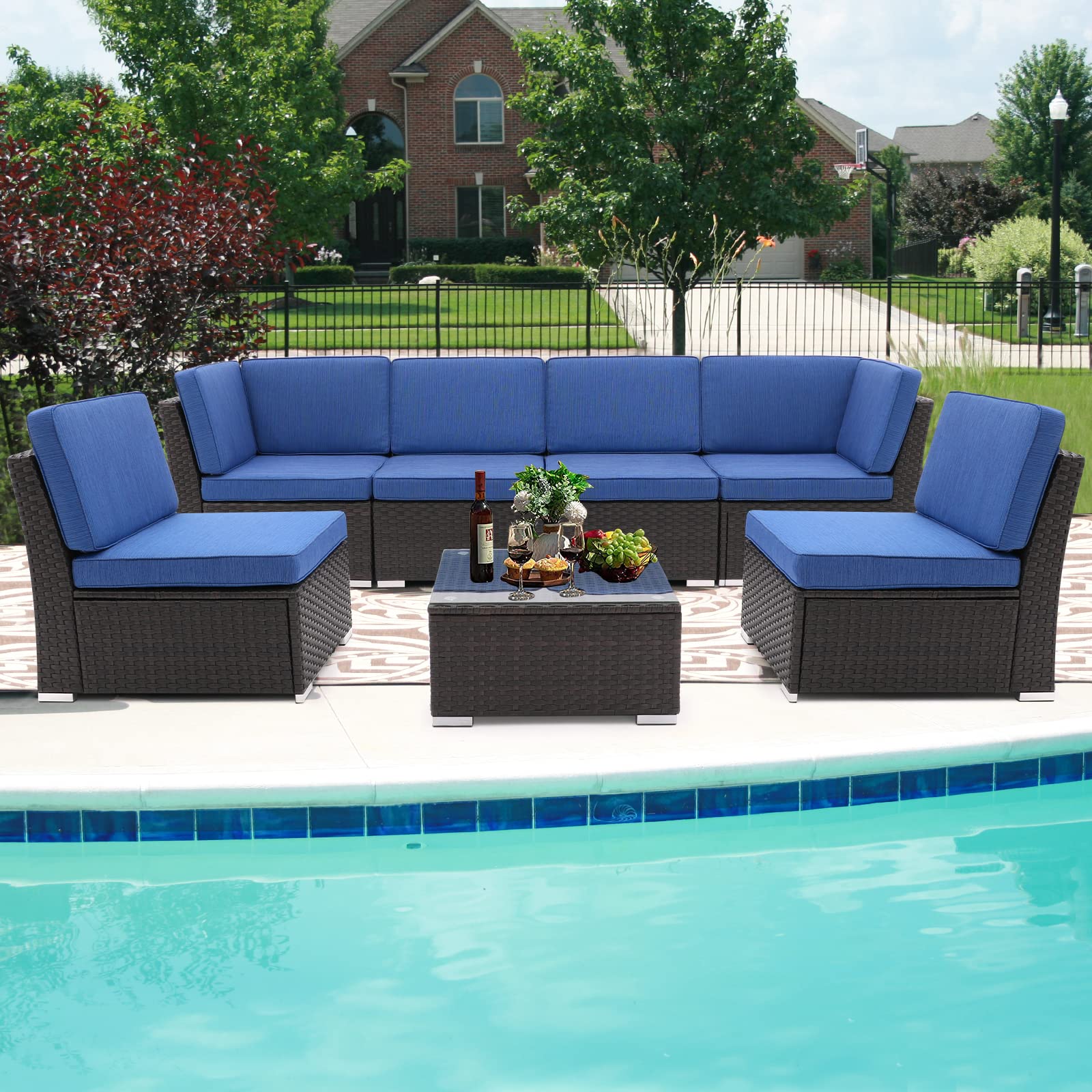 TiuBroe 7 Pieces Patio Furniture Sets, Outdoor PE Rattan Sectional Sofa Conversation Set, All Weather Conversation Set w/6 Seat Cushions and 1 Coffee Table (Dark Blue)