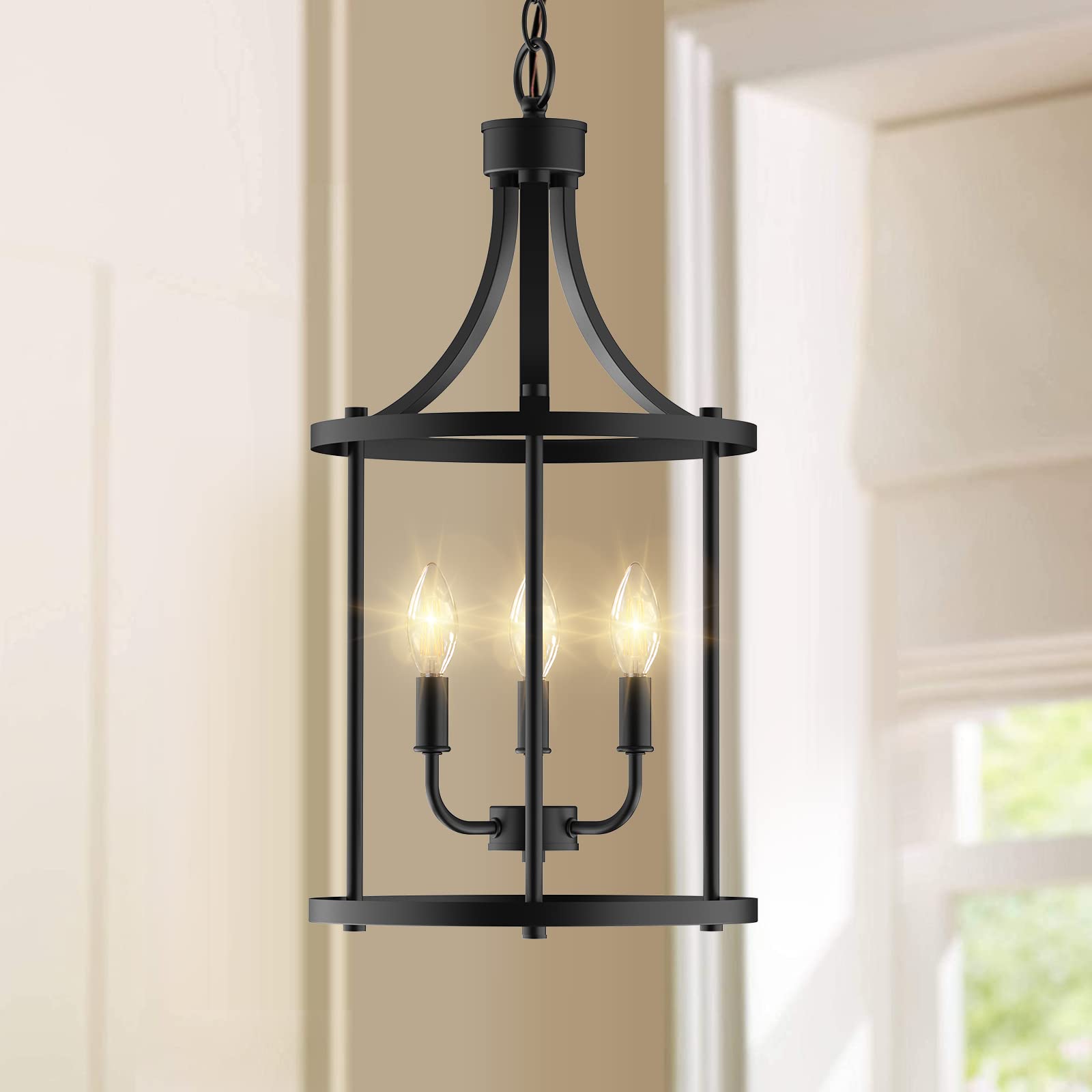 PARTPHONER Farmhouse Chandelier, Dining Room Lighting Fixtures Hanging, Modern Light Fixture Black Lantern Cage,5-Light Pendant Lighting for Kitchen Island, with Adjustable Rods