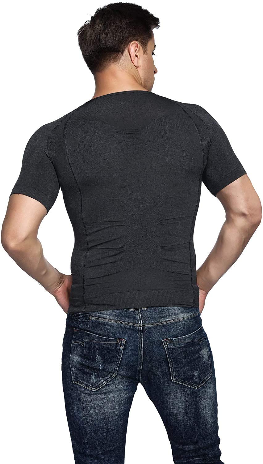 Odoland 3 Pack Men's Body Shaper Slimming Shirt Tummy Vest Thermal Compression Base Layer Slim Muscle Short Sleeve Shapewear, Grey/Grey/Grey, XL