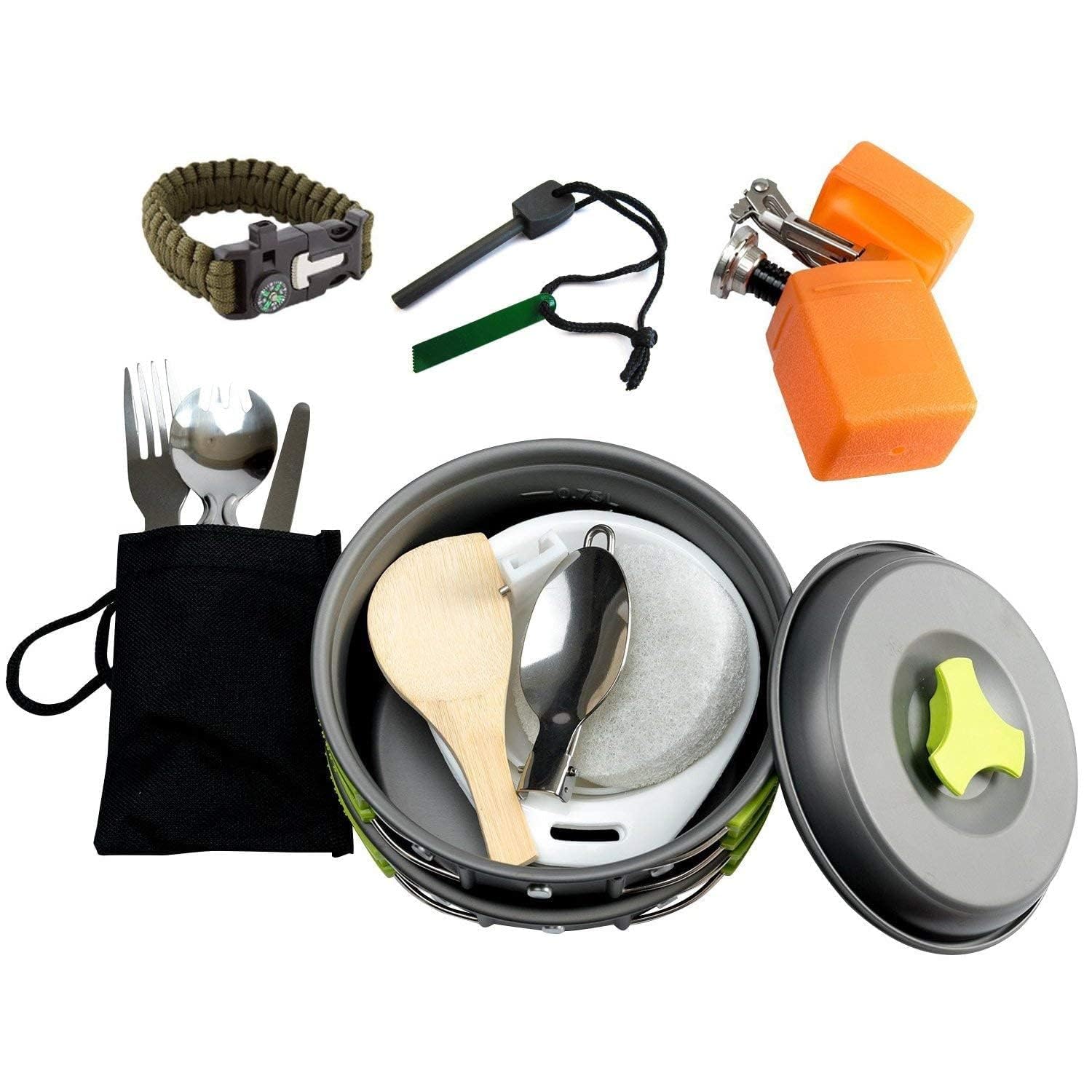 MalloMe Camping Cookware 18pc Mess Kit w/Backpacking Stove β Camping Cooking Set for Backpacking Gear - Camping Pots and Pans Set w/Camping Pot Pan Stove Utensils Camp Kitchen Equipment Accessories