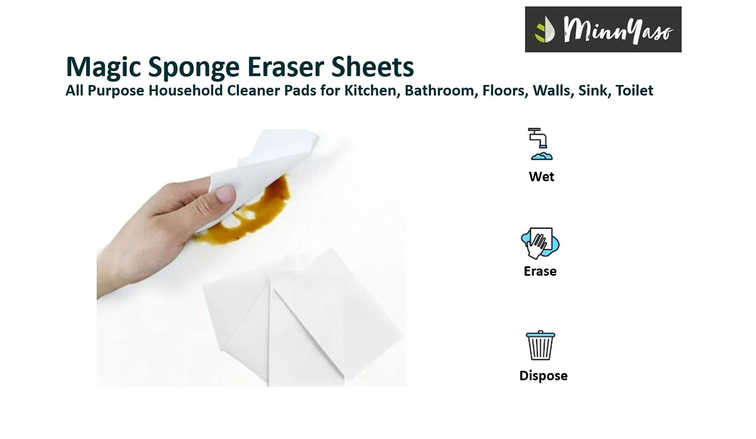 MinnYaso 100 Pack Extra Large - Extra Thick - Super Durable Magic Sponge Eraser Sheets 7.25" x 4.5" x 0.12" | All Purpose Household Cleaner Pads for Kitchen, Bathroom, Floors, Walls, Sink, Toilet