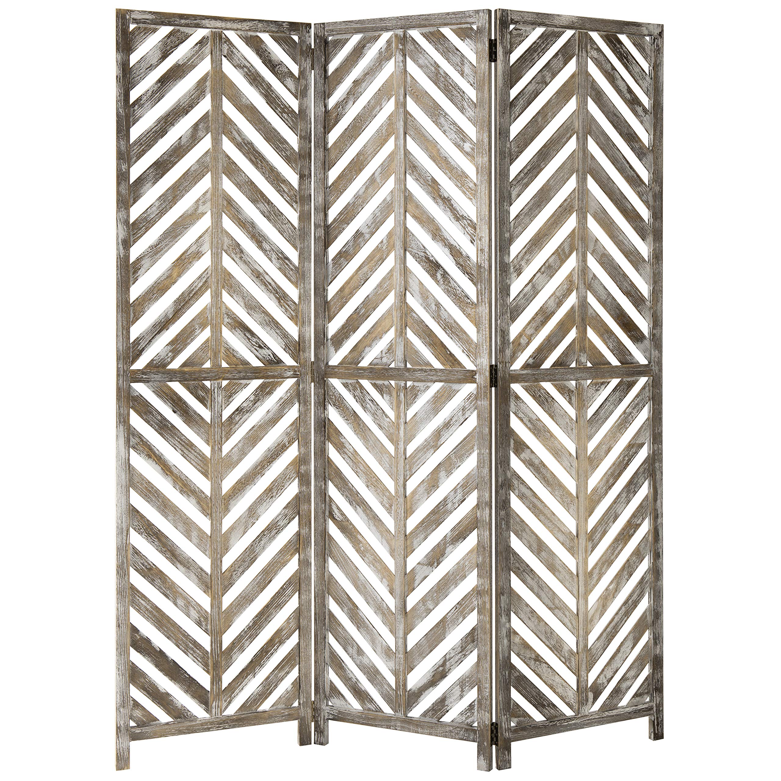 MyGift 3-Panel Solid Whitewashed Wood Folding Aloha Room Divider
