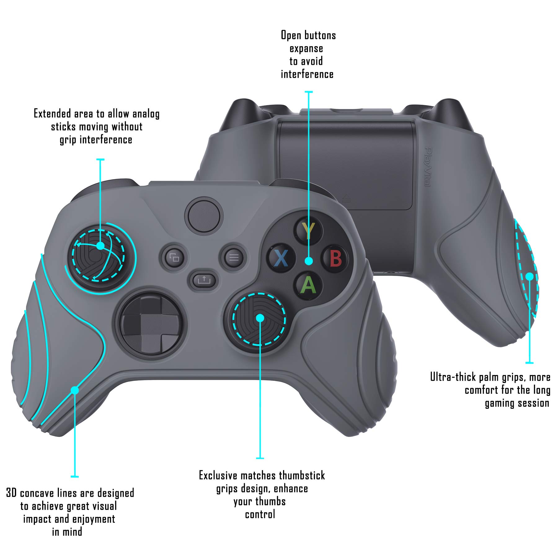 PlayVital Samurai Edition Gray Anti-Slip Controller Grip Silicone Skin, Ergonomic Soft Rubber Protective Case Cover for Xbox Series S/X Controller with Black Thumb Stick Caps