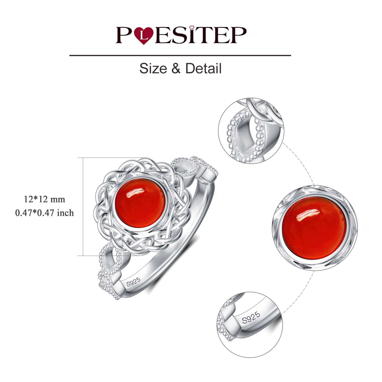 Plesitep Carnelian Ring Sterling Silver Healing Carnelian Ring Jewelry Gift for Women Mother (5)