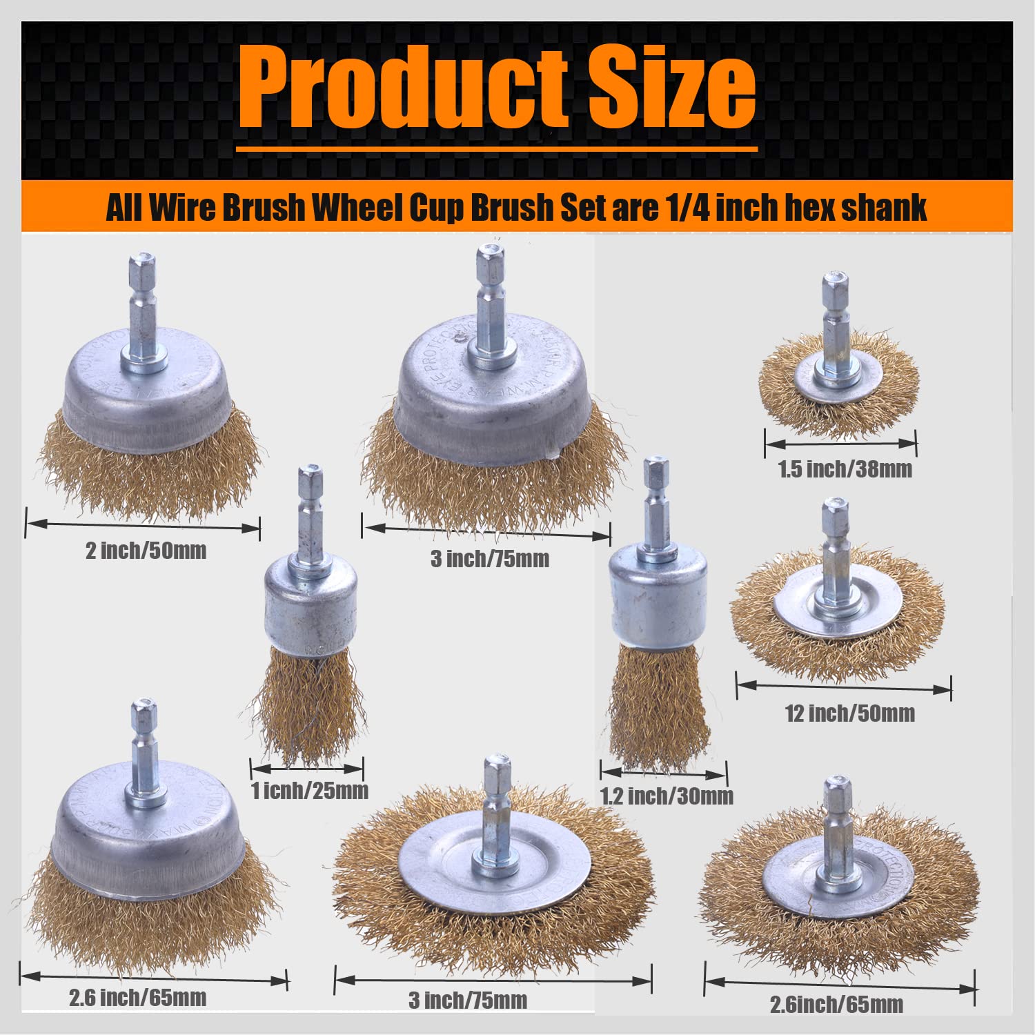 WENORA Brass Wire Brush for Drill Set 9 Pack, Brass Wire Wheel for Drill 1/4 Inch Hex Shank, Wire Cup Brush for Drill ,Coarse Brass Coated Crimped Wire Brush Drill Attachments
