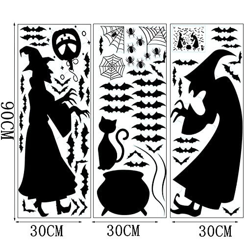 Sika Deer Halloween Window Decorations - Extra Large 2 Witches with Black Cat Bat Spider Cauldron Silhouette Halloween Window Stickers Indoor,Window Clings for Halloween Party Decorations(3 Sheets)