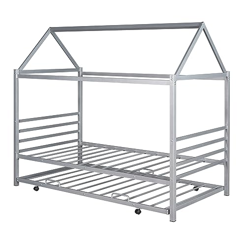 Lifeand Twin Size Metal House Shape Platform Bed with Trundle,Silver