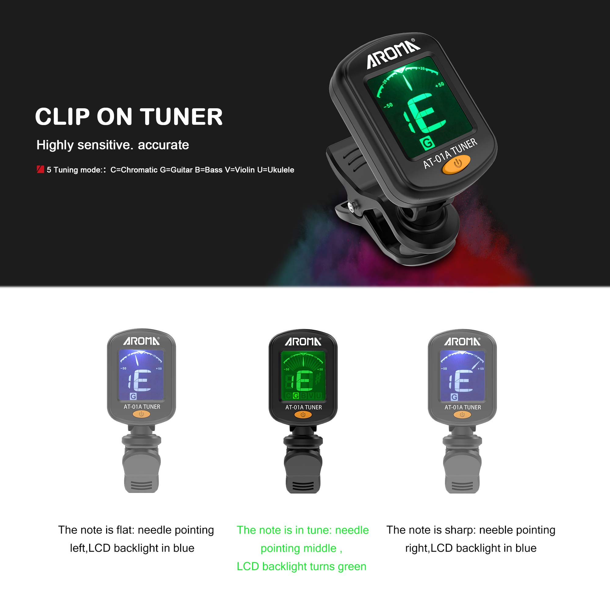 Meeland Guitar tuner 2 PACK, Clip On Tuner for Guitar/Bass/Violin/ukulele,Auto Power Off/One Button Operation/AT-01A/2 Set