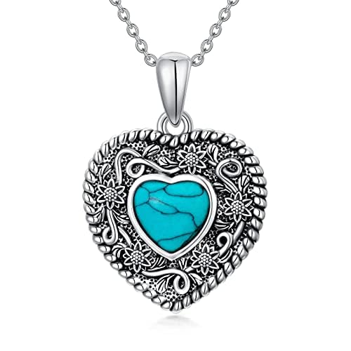 Plesitep Turquoise Heart Necklace Sterling Silver Sunflower Pendant Necklace Jewelry For Women Mom