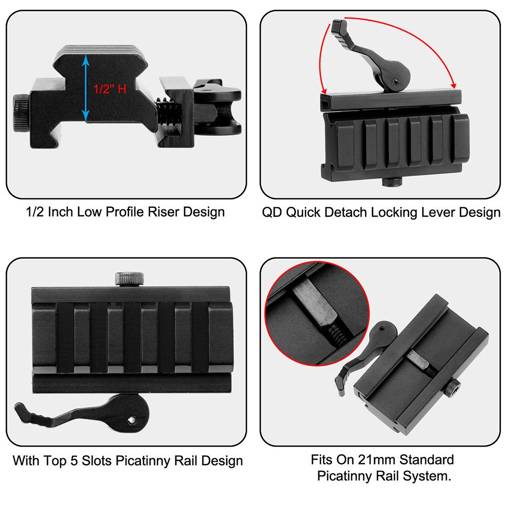LONSEL Picatinny Riser Mount, Low Profile Rail Riser Mounts Adaptor with QD Lever Lock Quick Release & 5 Slots Picatinny Rails for Scope Rings Optics Sights, 1/2" H x 2.5''L (1 Pack)