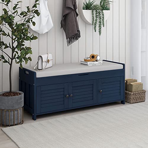 Lifeand, Shoe Removable Cushion and Hidden Space Storage Bench with 3 Shutter-Shaped Doors, 1, Antique Navy