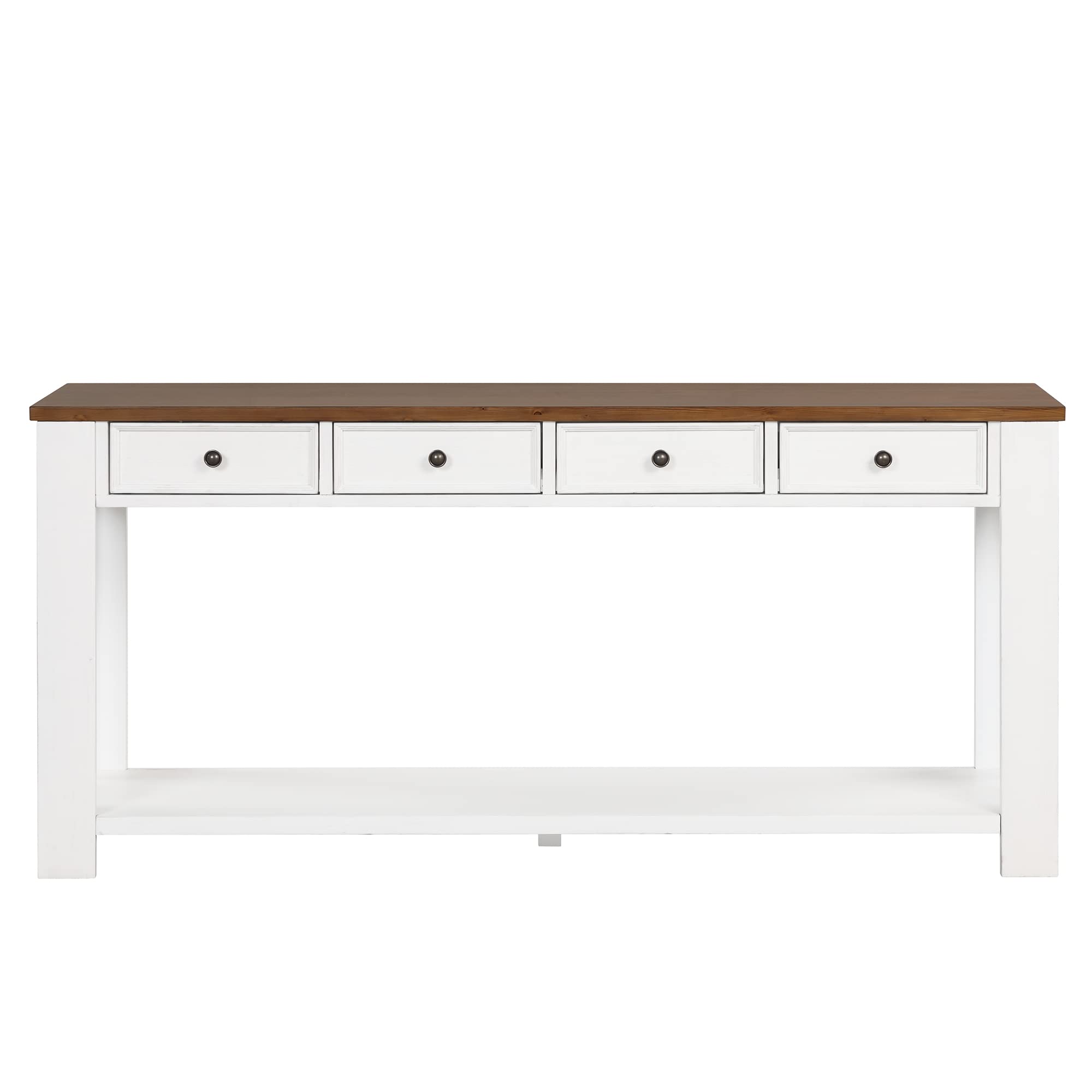 Lecafur HL 64" Entryway Console Table with 4 Drawers and Bottom Shelf Rustic Farmhouse Solid Wood Entryway Table Extra Long Sofa Table for Living Room Hallway Bedroom Foyer(Antique White+ Brown Top)
