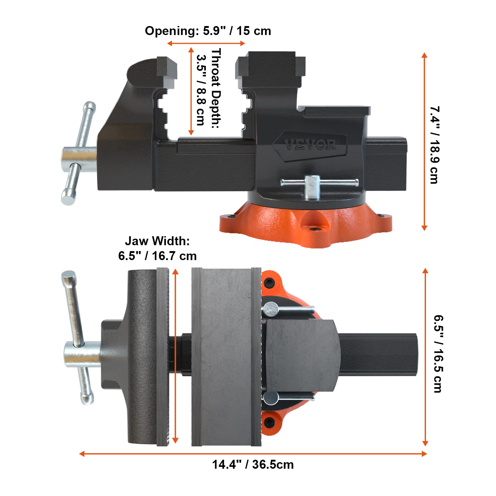 VEVOR Bench Vise, 6.5" Jaw Width 6.5" Forward &9.3" Reverse Opening, 360-Degree Swivel Locking Base Multipurpose Workbench w/Anvil, Heavy Duty Ductile Iron w/Bolts & Nuts, for Drilling, Pipe Cutting