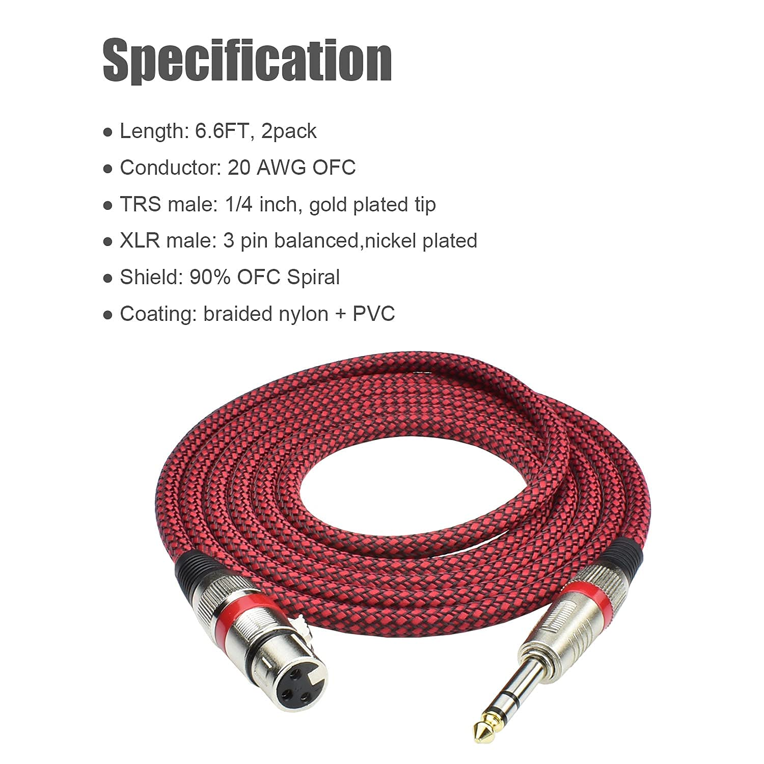 Mugteeve 1/4" TRS to XLR Female Cable Adapter Balanced, 6.6FT Stereo Quarter Inch TRS to XLR Microphone Cable, Nylon Braided, OFC Shielded, Red Color, for Mic/Speaker/Mixer - 2Pack