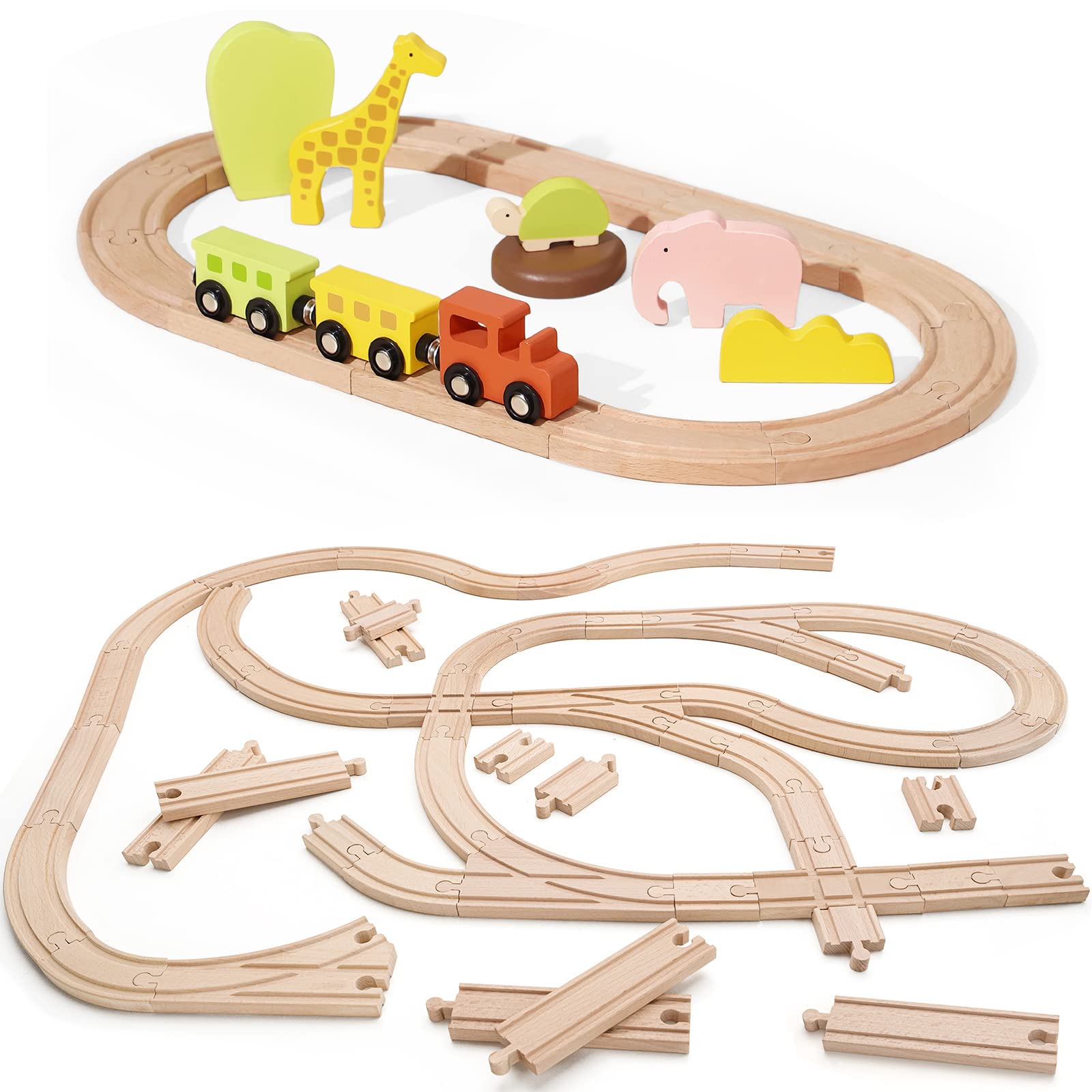 Toddler Toys Wooden Train Set Bundle with 52 Pcs Train Track Expansion