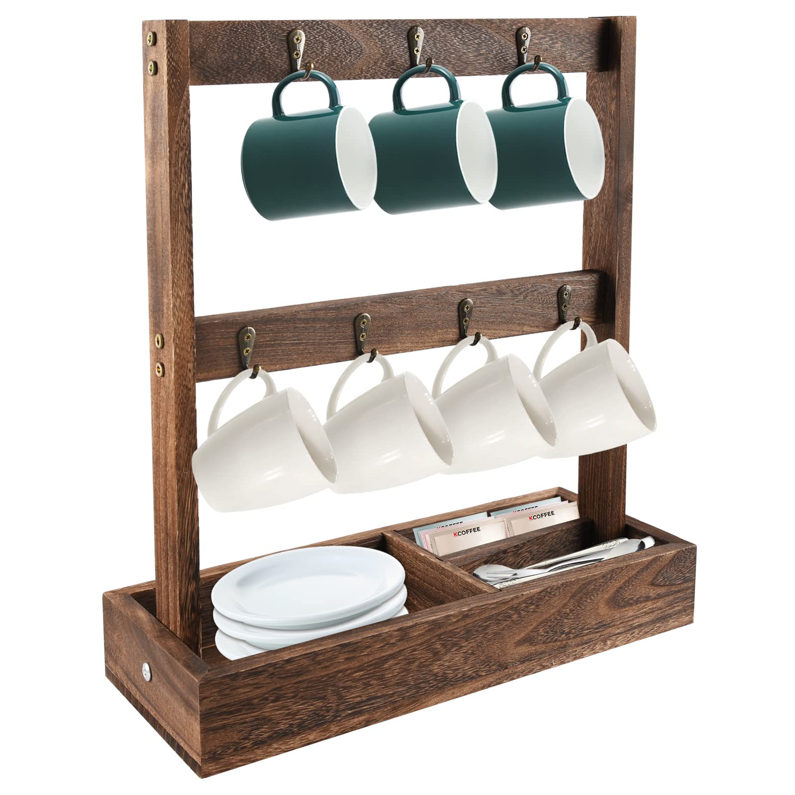 OHCCYML Rustic Coffee Mug Holder, 2 Tier Wood Coffee Cup Holder with Double Sided Hooks for 14 Mugs, Coffee Mug Organizer Stand Rack for Countertop, Display, Kitchen