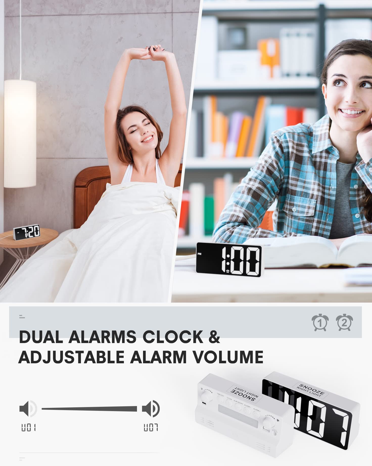 Mesqool Digital Alarm Clock for Bedroom, White, 7-Inch Screen, Adjustable Brightness, Loud Alarm, USB Charger, 12H/24H Time Format, Night Light, Dual Alarms, 18-Month Warranty